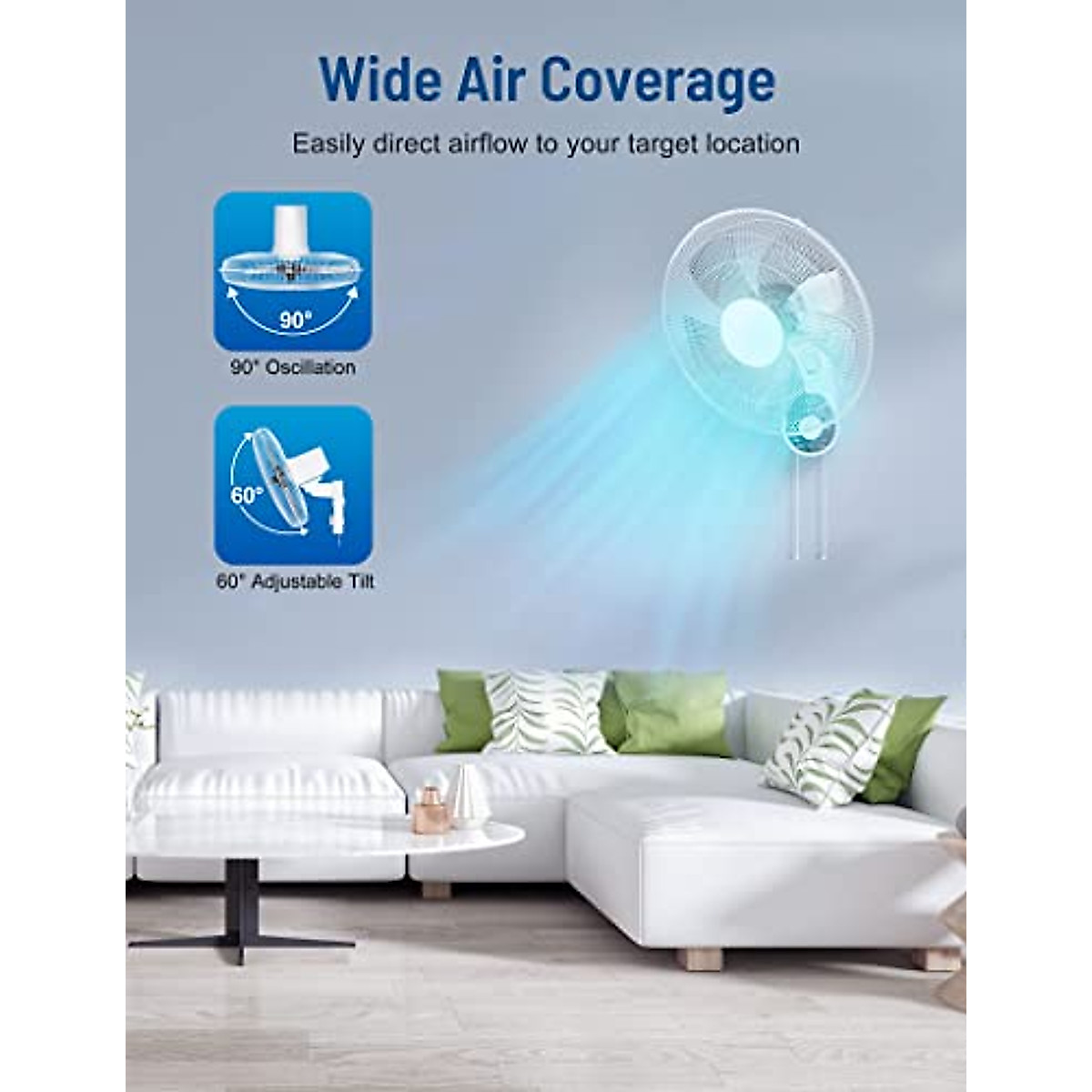 Mirdred Wall Mount Fans for Home Bedroom, 16 Inch 5 Blades 3 Speeds Wall Fans that Blow Cold Air, 90° Oscillating Quiet Cooling Fans for Indoors Kitchen Garage Office Sunshine Room