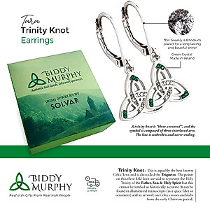 Biddy Murphy, Traditional Irish Tara Trinity Knot Dangle Earrings for Women, Silver Rhodium Plated with Emerald Green Crystal, Celtic Jewelry Made in Ireland by Artisan Jewelers