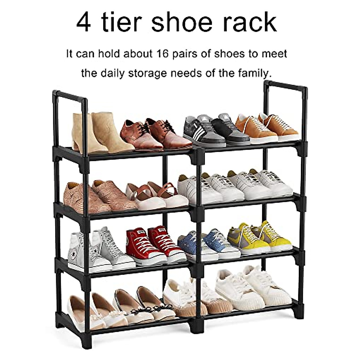 MYITYARD 4 Tier Shoe Rack, Free Standing Shoe Storage Organizer, Detachable Stackable Metal Stand Shelf for Entryway, Closet, Clothing Room, Black