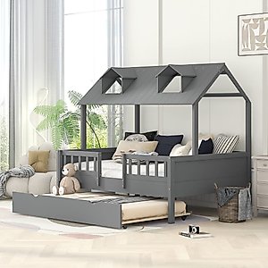Bellemave House Bed with Trundle & Fence Railings Kids Cottage Beds Wood Playhouse Bed Frame for Toddlers Girls Boys Teens, Bellemave Size, Gray