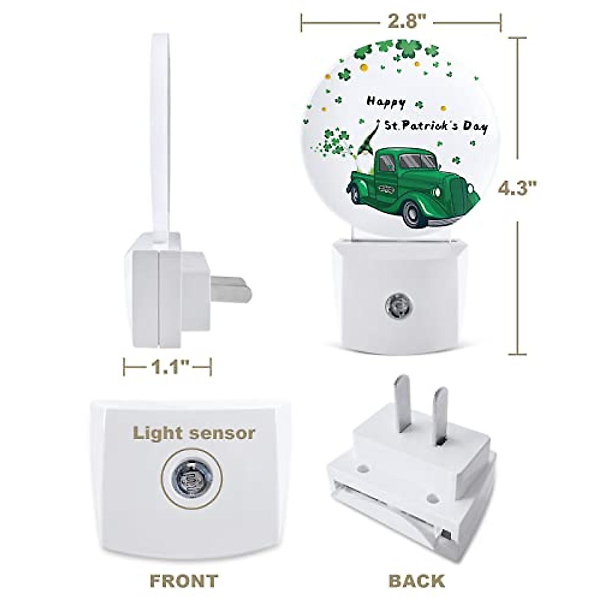 St.Patrick Day Shamrock Truck Night Lights Plug into Wall, Cute Gnomes Green Auto Round LED Lights with Dusk to Dawn Sensor for Bedroom, Bathroom, Hallway, Kitchen, Kids, Home Decor