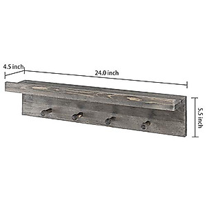 MyGift Wall-Mounted Gray Wood 24-Inch Hanging Shelf with 4 Peg Hooks