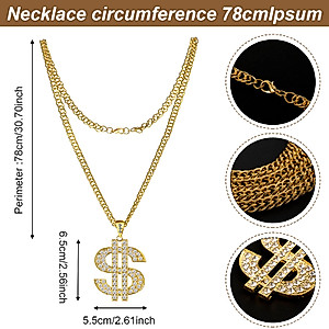 Zhanmai 6pcs 80s 90s Hip Hop Costume Outfit for Men Money Hat Rapper Accessories Fake Gold Dollar Chain Necklace Ring(Gold, Black, White)