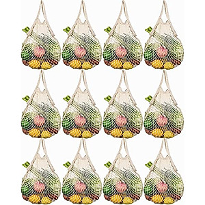 12 Pieces Reusable Mesh Grocery Bags Portable Cotton Mesh Produce Bags Washable Net Bag Mesh Reusable Tote Bag with Handle String Shopping Organizer Bag for Fruit Vegetable Shopping Storage Market