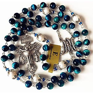 elegantmedical HANDMADE Peacock Blue Tiger Eye Prayer Beads & (AAA) 10mm real Pearl sterling silver beads caps Catholic Rosary Necklace Gift Box Italy Parden Crucifix