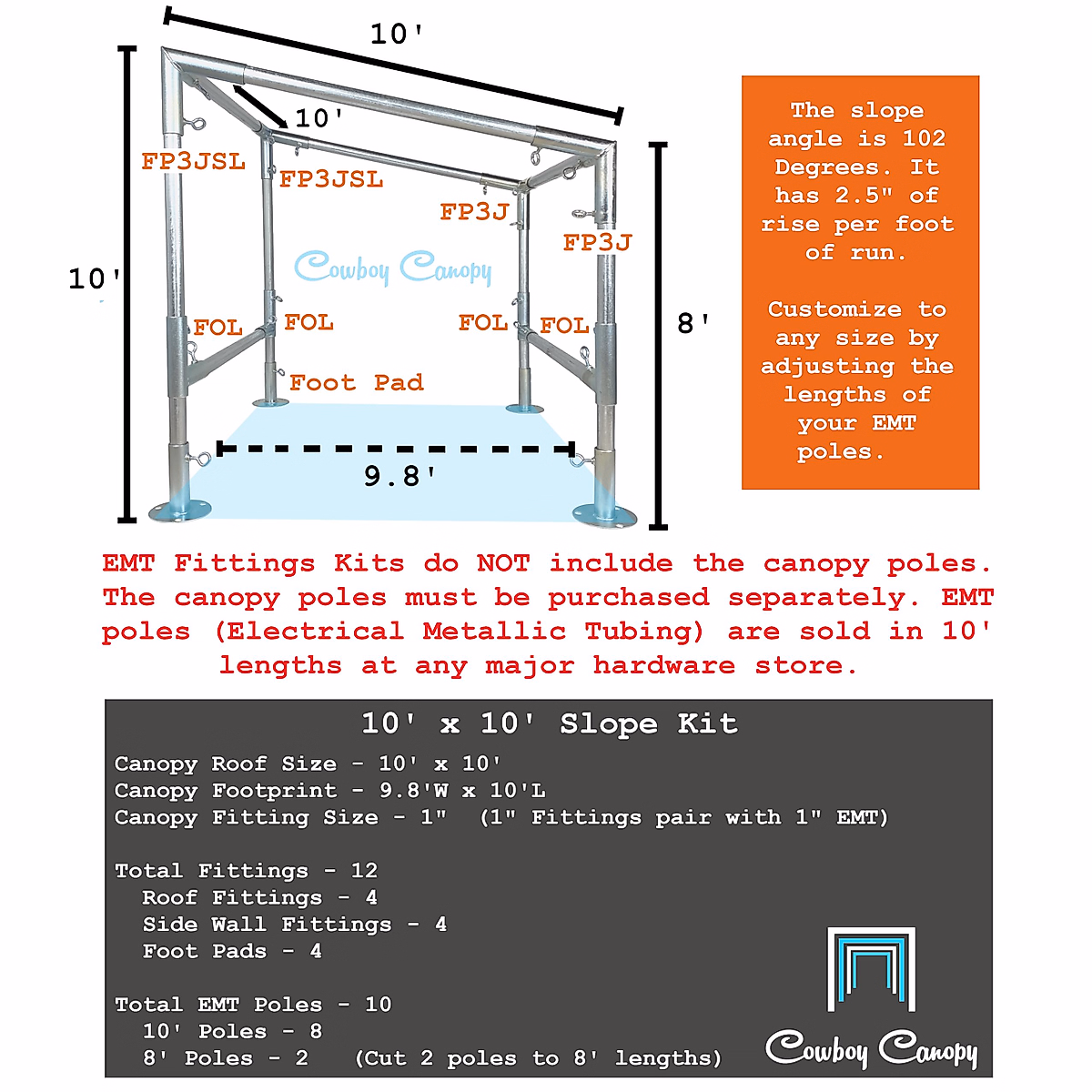 10' x 10' Slope, Lean-to Canopy Fittings Kit, DIY Metal Carport Frame Parts, 1" EMT