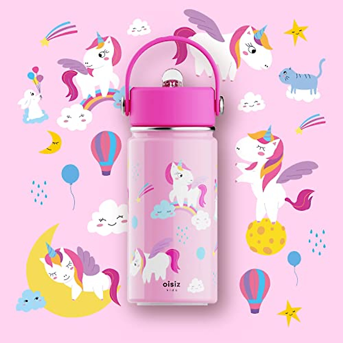 Oisiz Kids Water Bottle with Straw Lid 14oz, Vacuum Insulated 316 Stainless Steel Water Bottles for Kids for School, Leakproof Toddler Water Bottle, BPA Free and Keep Cold for 24 Hours