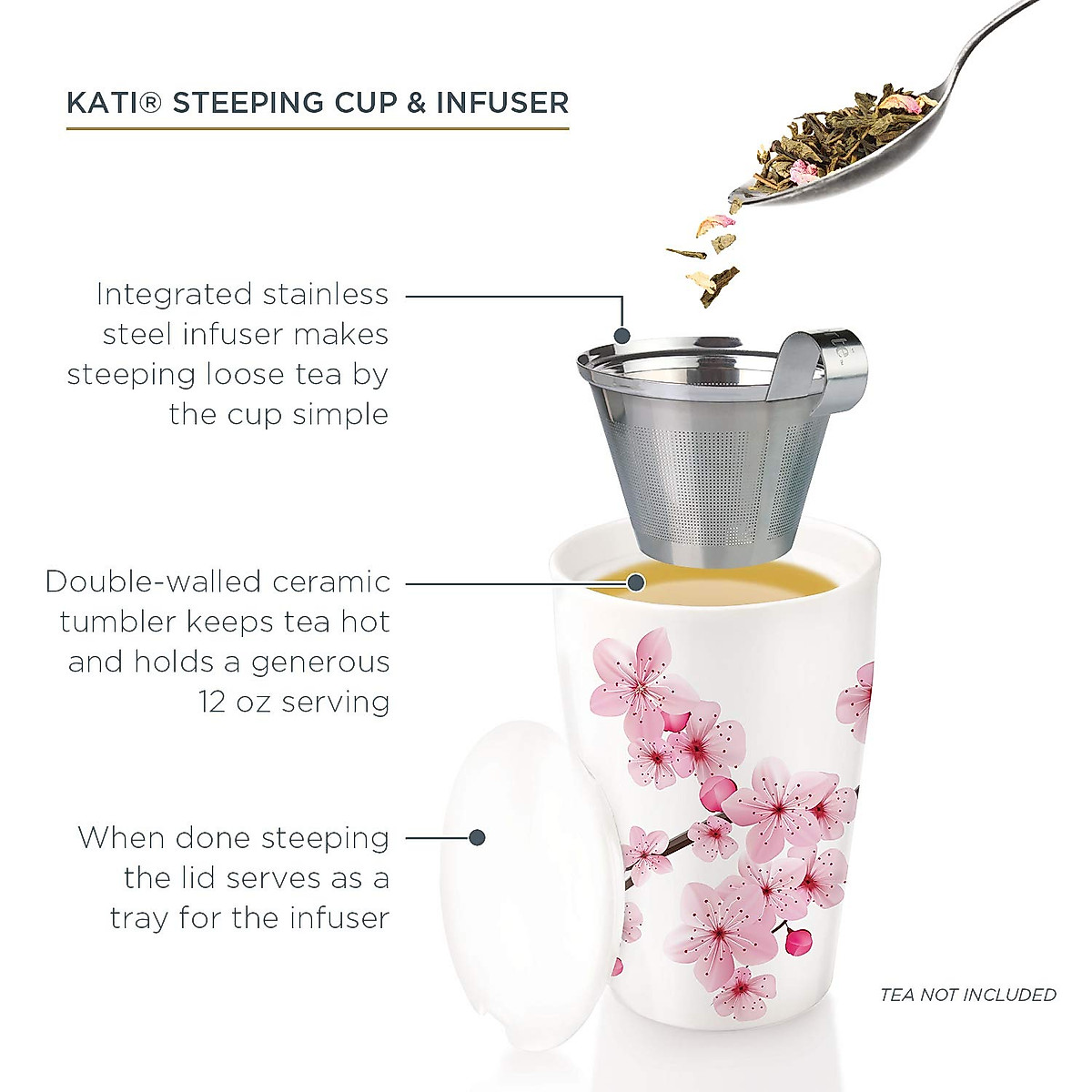 Tea Forte Kati Cup Hanami, Ceramic Tea Infuser Mug with Lid for Steeping Loose Leaf Tea, 12oz Ceramic Tea Infuser Cup for Tea Lovers, Tea Gifts