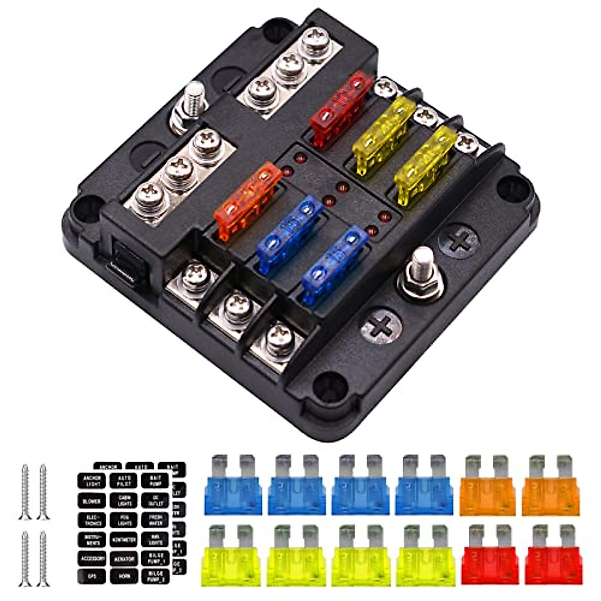 UMISKY 6-Way Fuse Box Blade Fuse Blocks with LED Warning Indicator Damp-Proof Cover for 12V/24V Automotive Car Truck Boat Marine Bus RV Van, 6 Circuit Independent Positive Negative