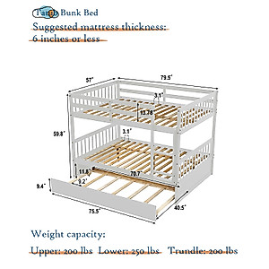 Tatub Full Over Full Bunk Bed with Trundle, Pine Wood Frame, Ladder and Guard Rails, Solid Bunk Bed with Trundle for Kids, Teens, Adults, No Box Spring Needed, Grey