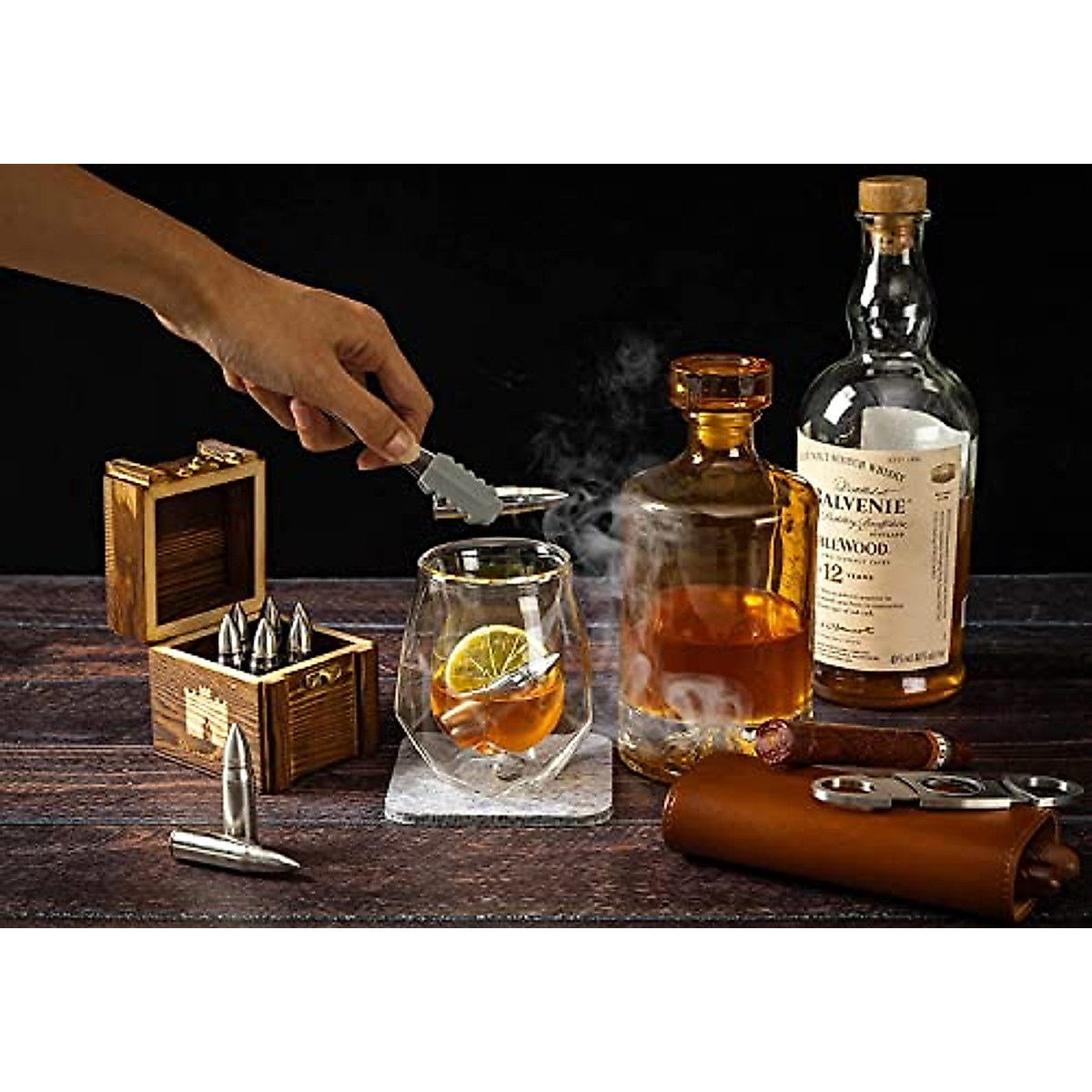 Whiskey Bullet Stones with Wooden Gift Set Box, Stainless Steel Whisky Rocks, Reusable ice Cube Metal Ice, Gifts for Men Dad, whiskey gifts for men , Father's Day Stocking Stuffer,