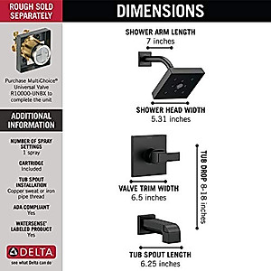 Delta Faucet Ara 14 Series Single-Function Tub and Shower Trim Kit with Single-Spray H2Okinetic Shower Head, Matte Black T14467-BL (Valve Not Included)