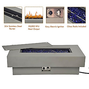 BAIDE HOME 48-inch Fire Table with Natural Gas Conversion Kit, 50,000BTU Outdoor Modern Patio Fire Pit Table w/Rectangular Burner Lid, Glass Rocks, Cover