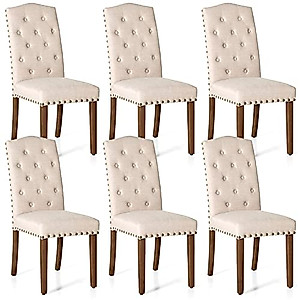MAISON ARTS Upholstered Parsons Dining Chairs Set of 6, Linen Fabric Dining Room Chairs with Nailhead Trim and Solid Wood Legs Dining Room Kitchen Side Chairs (Beige)