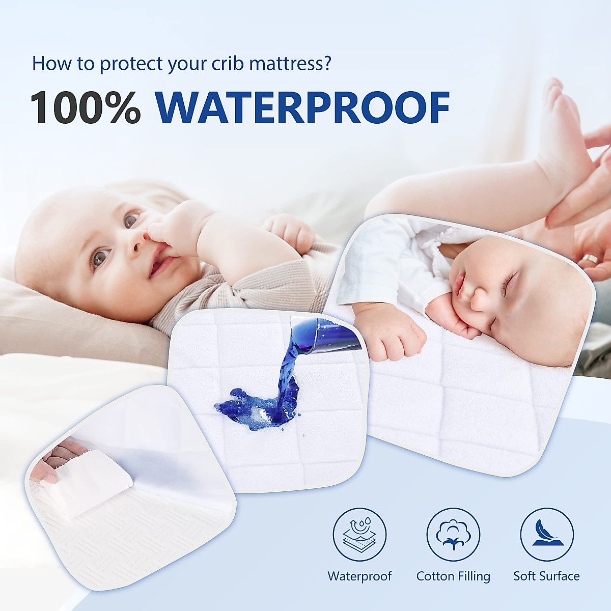 2 Pack Waterproof Crib Mattress Protector, Bamboo Viscose Soft Breathable Quilted Fitted Baby Mattress Cover, Noiseless, Breathable Deep Pocket Toddler Mattress Pad, 28'' x 52''
