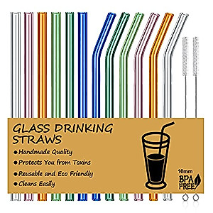 Reusable Glass Straws, 10mm Glass Drinking Straws, 6 Bent 6 Straight with 2 Cleaning Brushes, Non-Toxic, BPA Free Glass Straws for Beverages, Shakes, Milk Tea, Juices (Multicolor)