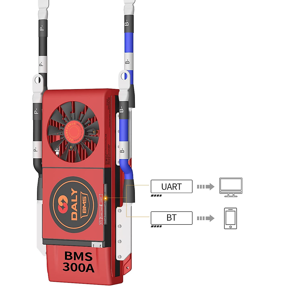 DALY Smart BMS Li-ion 4S 300A 12V BMS with Cooling Fan and Bluetooth Module SOC Monitoring for Rated 3.7V Lithium Battery Pack Home Back Up Power Storage(Smart BMS,300A Fan)
