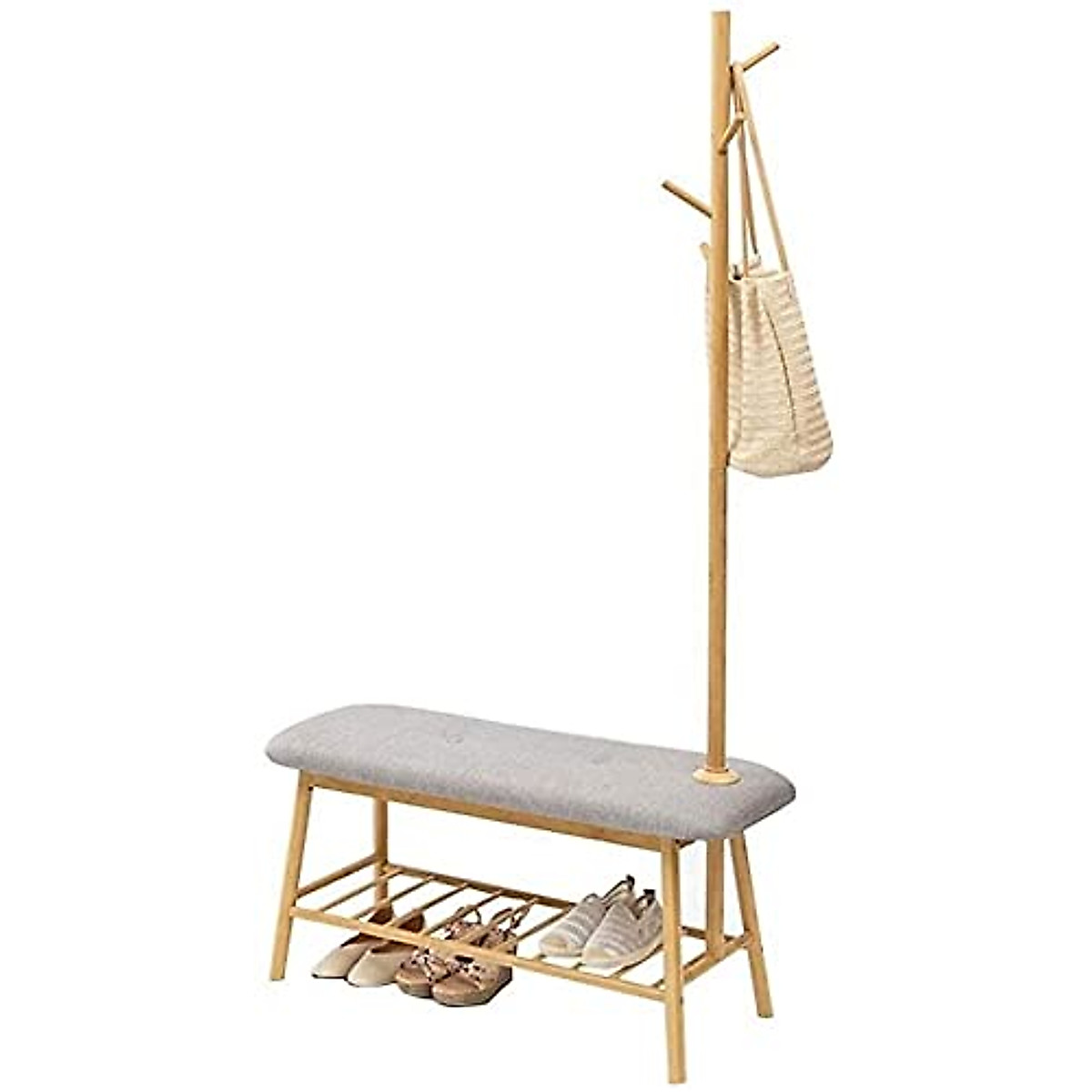 llibnn Bamboo Shoe Storage Bench Standing Shoe Shelf with Coat Rack Seat Cushion for Closet Cloakroom Entryway Hallway (Color : Brown) (Color : Grey)