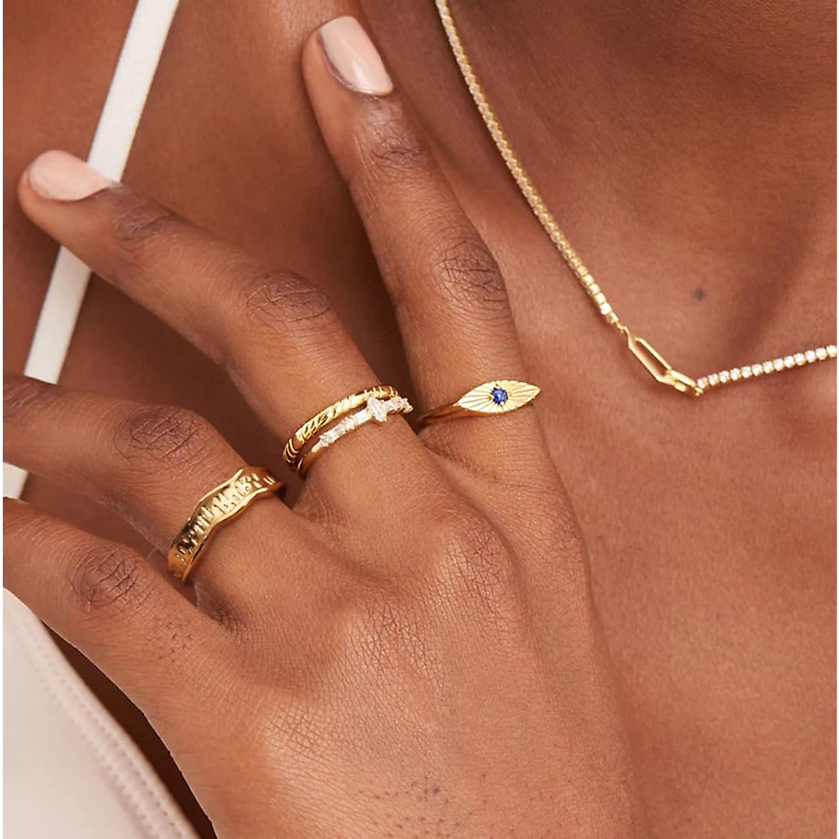 Aobei Pearl 18K Gold Plated Irregular Wave Open Ring for Women Minimalist Band Ring Adjustable Knuckle Finger Jewelry