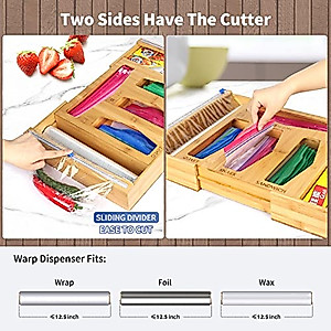 Ziplock Bag Storage Organizer Bamboo - Expandable Foil and Plastic Wrap Dispenser Organizer with Cutter, Plastic Bag Baggie Organizer for Drawer Kitchen, Suitable Gallon, Quart, Sandwich, Snack Bag, and 12.5" Aluminum Foil & Wax Paper (Large)