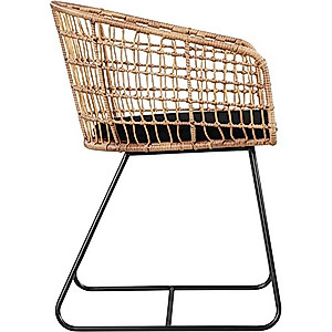 Tommy Hilfiger Graham Rattan Dining Chair, Woven Wicker Armchair with Seat Cushion Black Durable Metal Legs, Boho Modern Accent Lounge Furniture, Natural