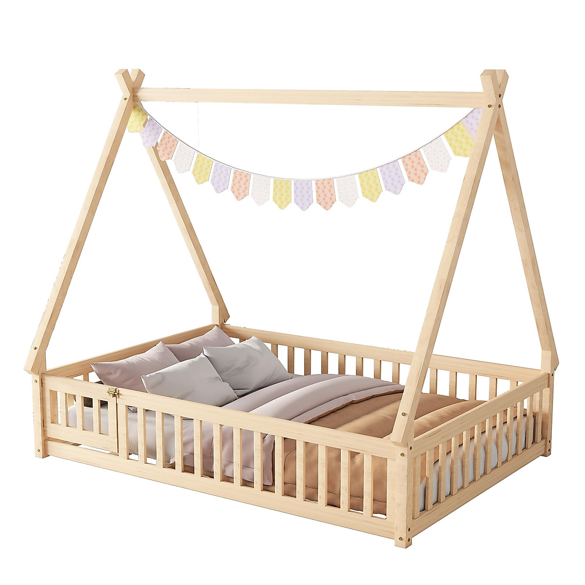 Mirightone Tent Floor Bed for Kids Full Size Montessori Floor Bed with Slats and Guardrails Wood Teepee Bed Frame with Fence and Door for Boys Girls, Natural