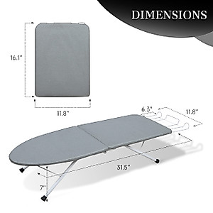 ZOES HOMEWARE Tabletop Ironing Board,Portable Iron Board with Iron Rest, Foldable Small Ironing Board with Heat Resistant Cover and 100% Cotton Pad, 31.5"x11.8"x7", Grey