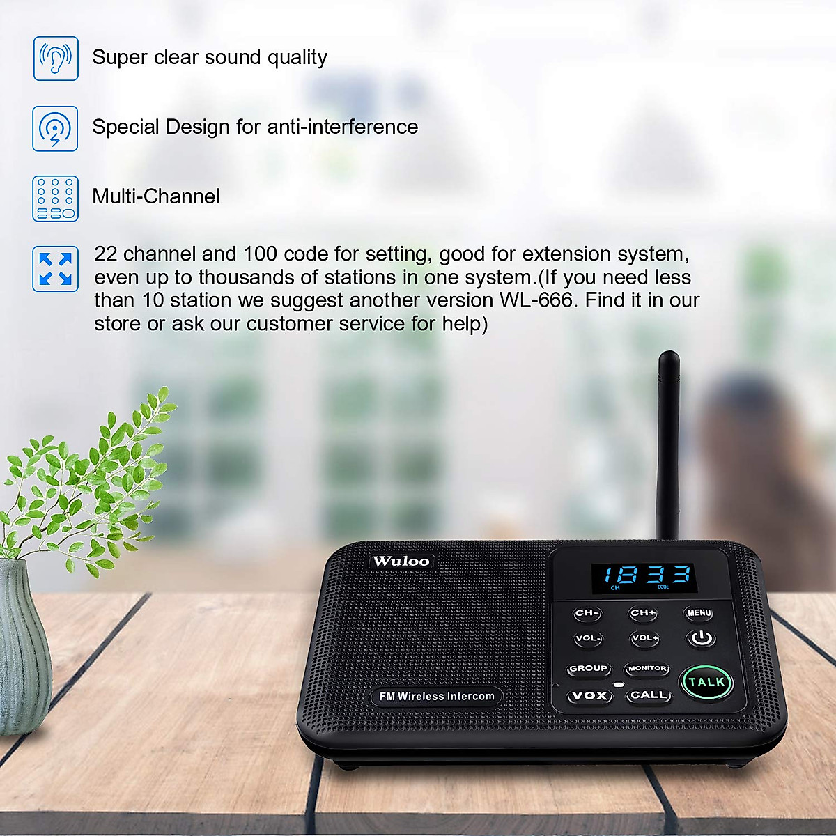 Wuloo Intercoms Wireless for Home 1 Mile Range 22 Channel 100 Digital Code Display Screen, Wireless Intercom System for Home House Business Office, Room to Room Intercom Communication(3Stations Black)