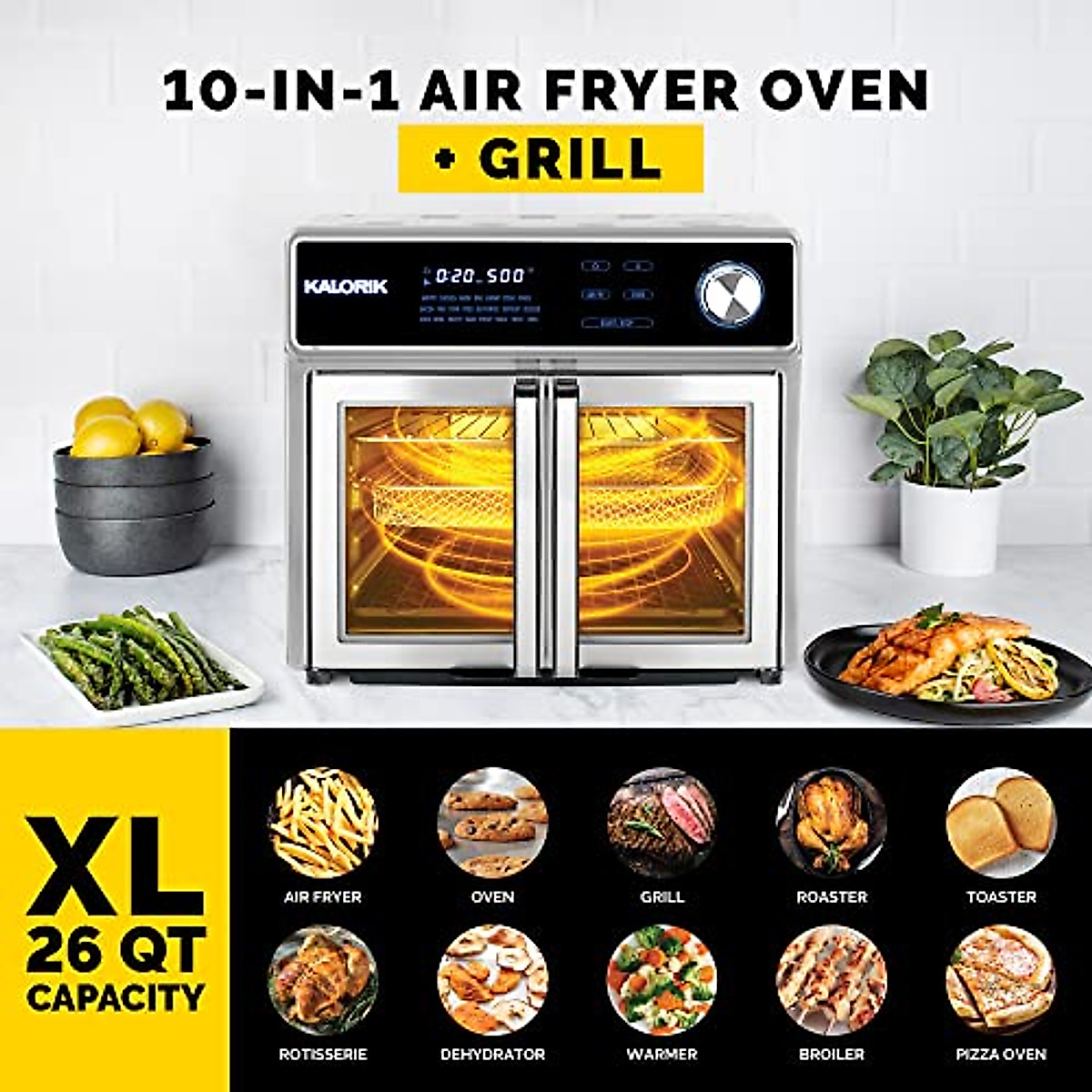 Kalorik MAXX Air Fryer Oven Grill Deluxe AFO 51041 SS |26 Quart Digital Smokeless Indoor Grill & Air Fryer Oven Combo - Always-Clean Interior, 12 Accessories, BBQ, Rotisserie| 1700W | Black & Stainless Steel
