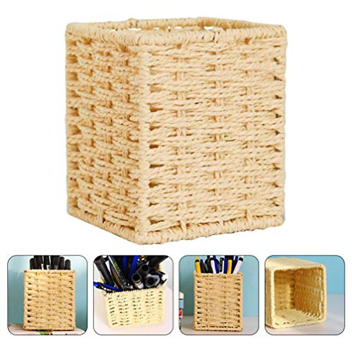 Cabilock Wicker Pencil Holder Nature Rattan Makeup Brush Cup Square Pen Holder Cutlery Silverware Caddy Holder Wicker Storage Basket Woven Flower Pots Desktop Sundries Container Basket