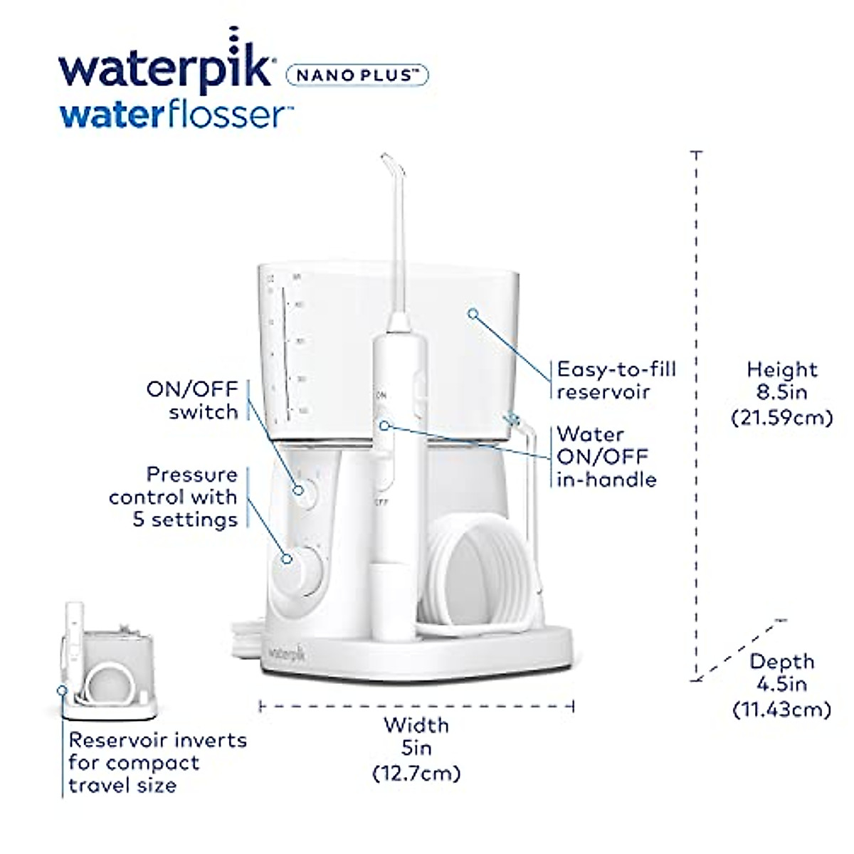 Waterpik Water Flosser For Teeth, Portable Electric Compact For Travel and Home - Nano Plus, WP-320, White