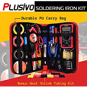 Soldering Iron Kit - 60W Adjustable Temperature, Digital Multimeter, 5pcs Soldering Tips, Solder Wire, Stand, Desoldering Pump, Solder Wick, Tweezers, Paste [110V US Plug] from Plusivo