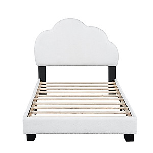 Merax Twin Size Upholstered Platform Bed Frame Boucle Fabric with Cloud-Shaped Headboard for Boys and Girls,White
