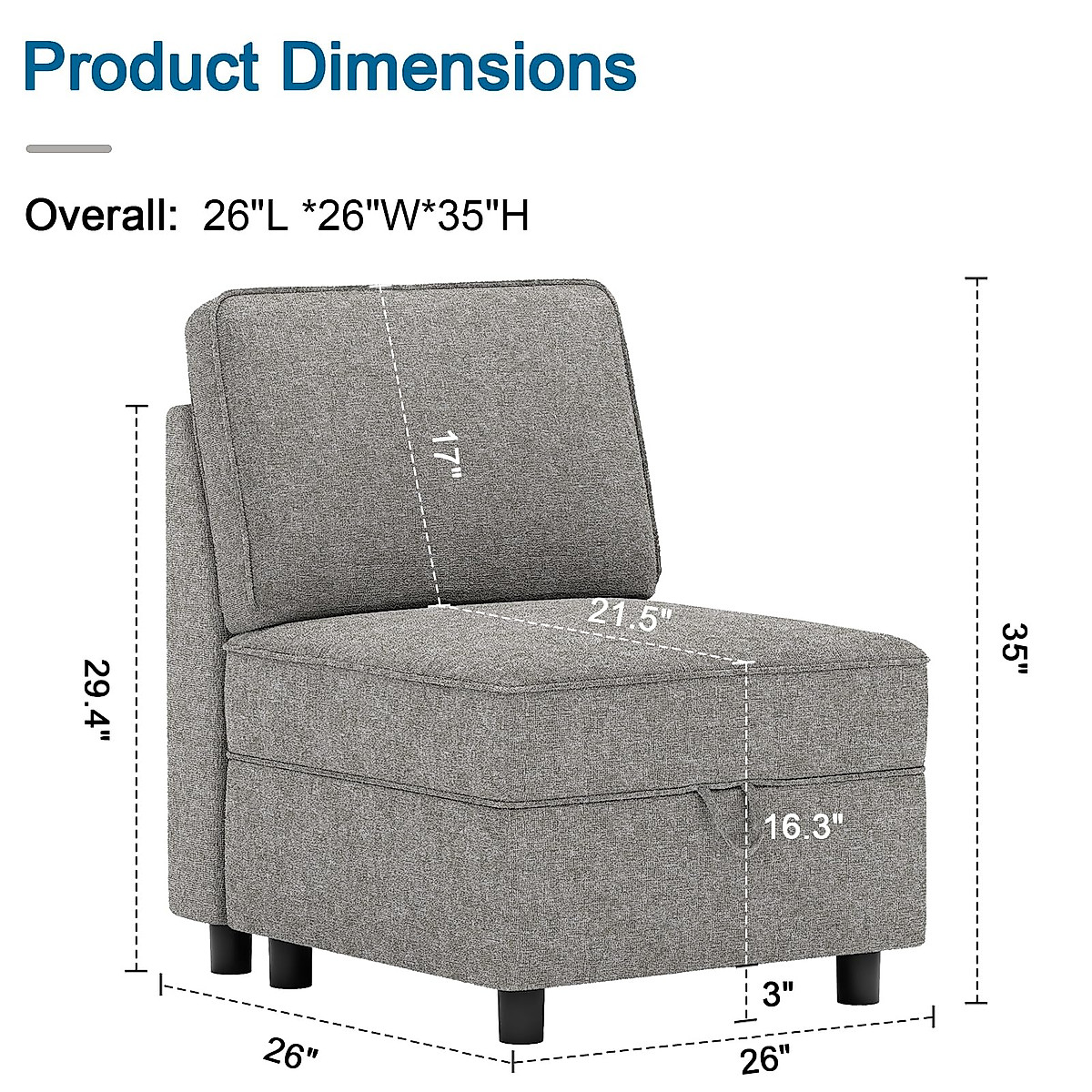 beyond SMART Fabric Middle Module for Modular Sofa, Customizable Sectional Sofa Couch, Accent Armless Chair with Storage Seat, Single Seat,Grey
