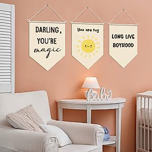 3 Pcs Canvas Hanging Pennant Flag Banner Wall Sign Decor Gift, Playroom Decor Long Live Boyhood Banner Boho Room Decor for Kids, Baby Boy, Baby Girl, Nursery Room Classroom Bedroom Decoration