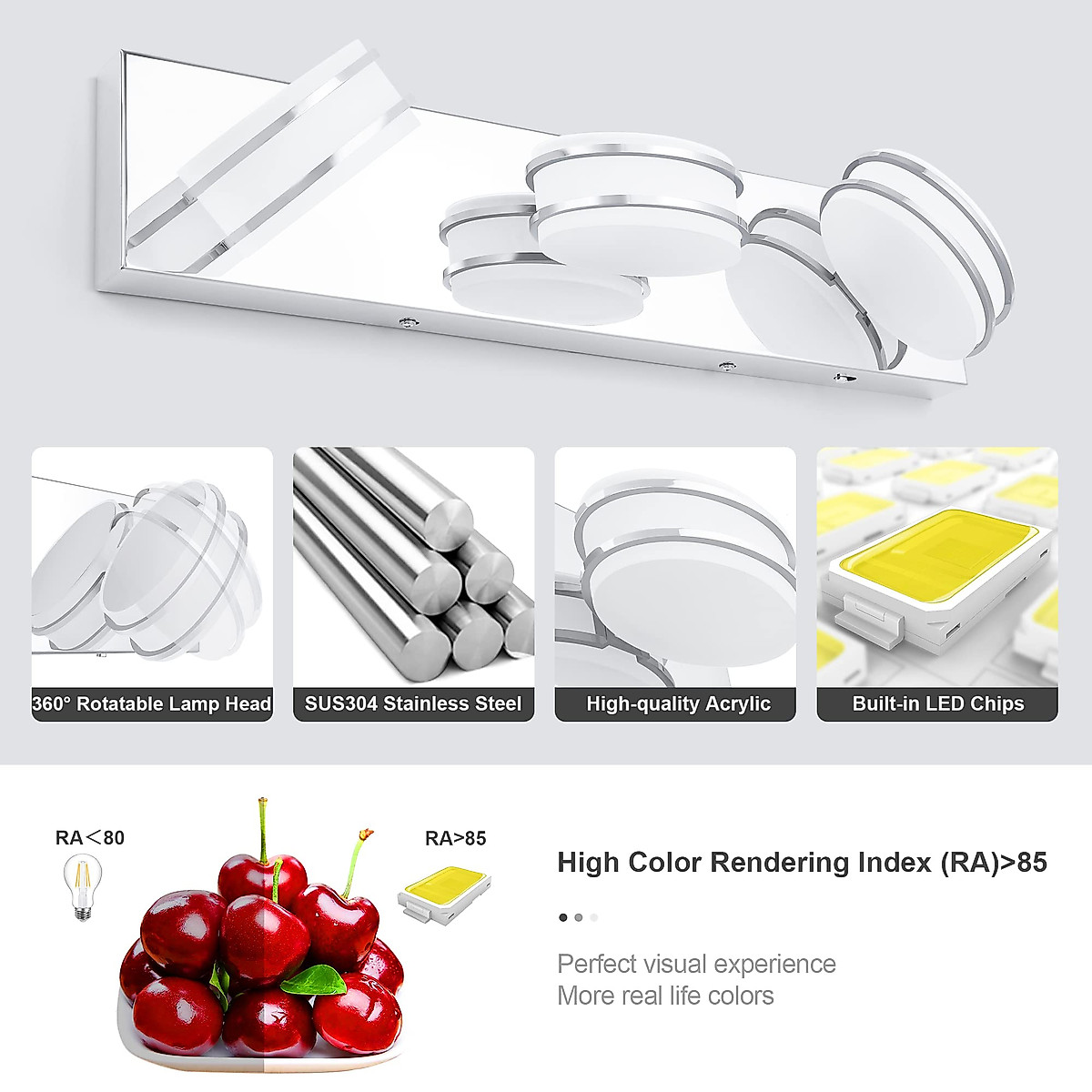 3 Color Temperature Dimmable Bathroom Light Fixtures over Mirror LED Chrome 3 Light Bathroom Vanity Light Fixtures Acrylic Stainless Steel Oval Shade Vanity Lights for Bathroom, ETL Certificated