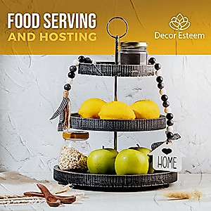 Farmhouse Tiered Tray - 3 Tier Tray for Serving, Display & Kitchen Decor - Round Three Tier Decorative Rustic Wooden Stand - Optional 2 Tier Design - Black Wood Accent Piece for Table & Countertop