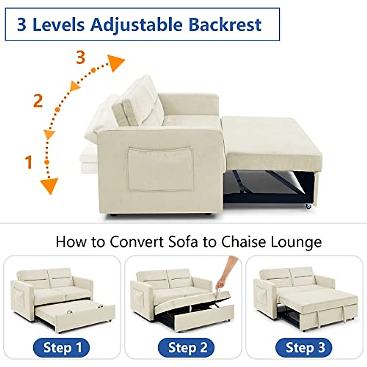 Polibi 54.5'' Modern Convertible Sleeper Sofa Bed with Two Arm Pockets, Velvet Sofa w/Pull-Out Bed Loveseat Sofa Couch and Adjsutable Back for Living Room (Beige)