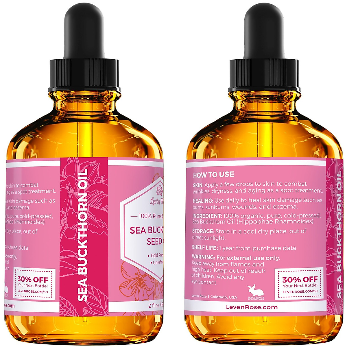 Leven Rose Sea Buckthorn Seed Oil, 100% Pure Unrefined Cold Pressed for Hair Skin and Nails (2 oz)