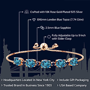 Gem Stone King 18K Rose Gold Plated Silver London Blue Topaz and Blue Sapphire Tennis Bracelet For Women | 7.74 Cttw | Gemstone Birthstone | Fully Adjustable Up to 9 Inch