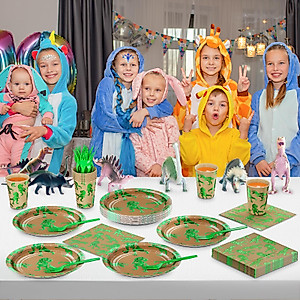 DYLIVeS Green Foil Dinosaur Birthday Party Decorations,Rawr Dinosaur Disposable Tableware Set Dinosaur Rex Party Supplies for Boys, 9'' Dinosaur Dinner Plates and Napkins Cups Forks Set, Serves 24