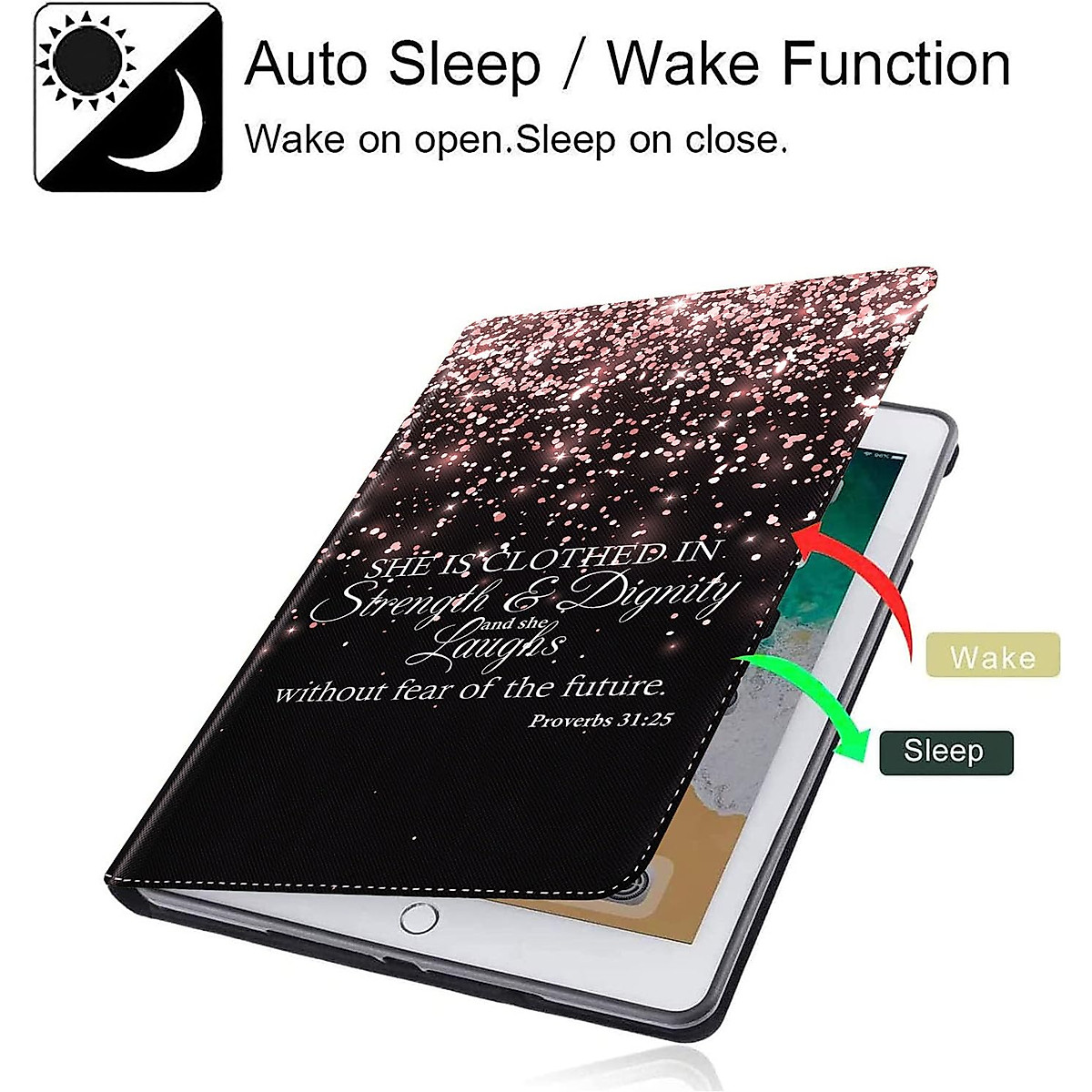 Case for iPad Pro 11 Inch 4th/3rd/2nd/1st Generation 2022/2021/2020/2018, Fit Also iPad Air 4/5 th 10.9 inch Adjustable Stand Auto Sleep/Wake, Proverbs 31:25 Bible Verse Rose Gold Glitter Black