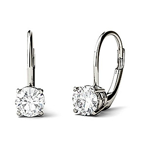 Charles & Colvard Created Moissanite 5mm Round Cut Leverback Drop Earrings for Women | 1 cttw DEW | Lab Grown | Solid 14K White Gold with Rhodium