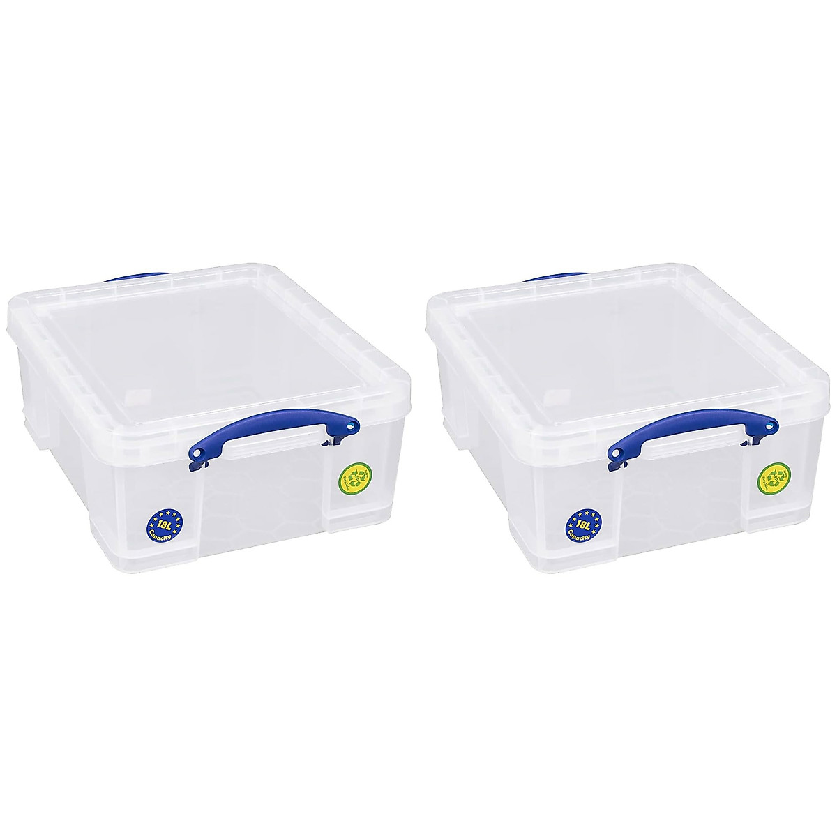 Really Useful Box 18 Liter Plastic Stackable Storage Container w/Snap Lid & Built-In Clip Lock Handles for Home or Office Organization, 2 Pack, Clear