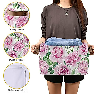 SUABO Floral Pink Roses Buds on White Toy Basket,Collapsible Storage Bin Basket with Handles¡ê?Laundry Baskets,Shelf Basket Nursery Storage for Bedroom Playroom,Set 2