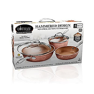 Gotham Steel Premium Hammered Cookware – 5 Piece Ceramic Cookware, Pots and Pan Set with Triple Coated Nonstick Copper Surface & Aluminum Composition for Even Heating, Oven, Stovetop & Dishwasher Safe