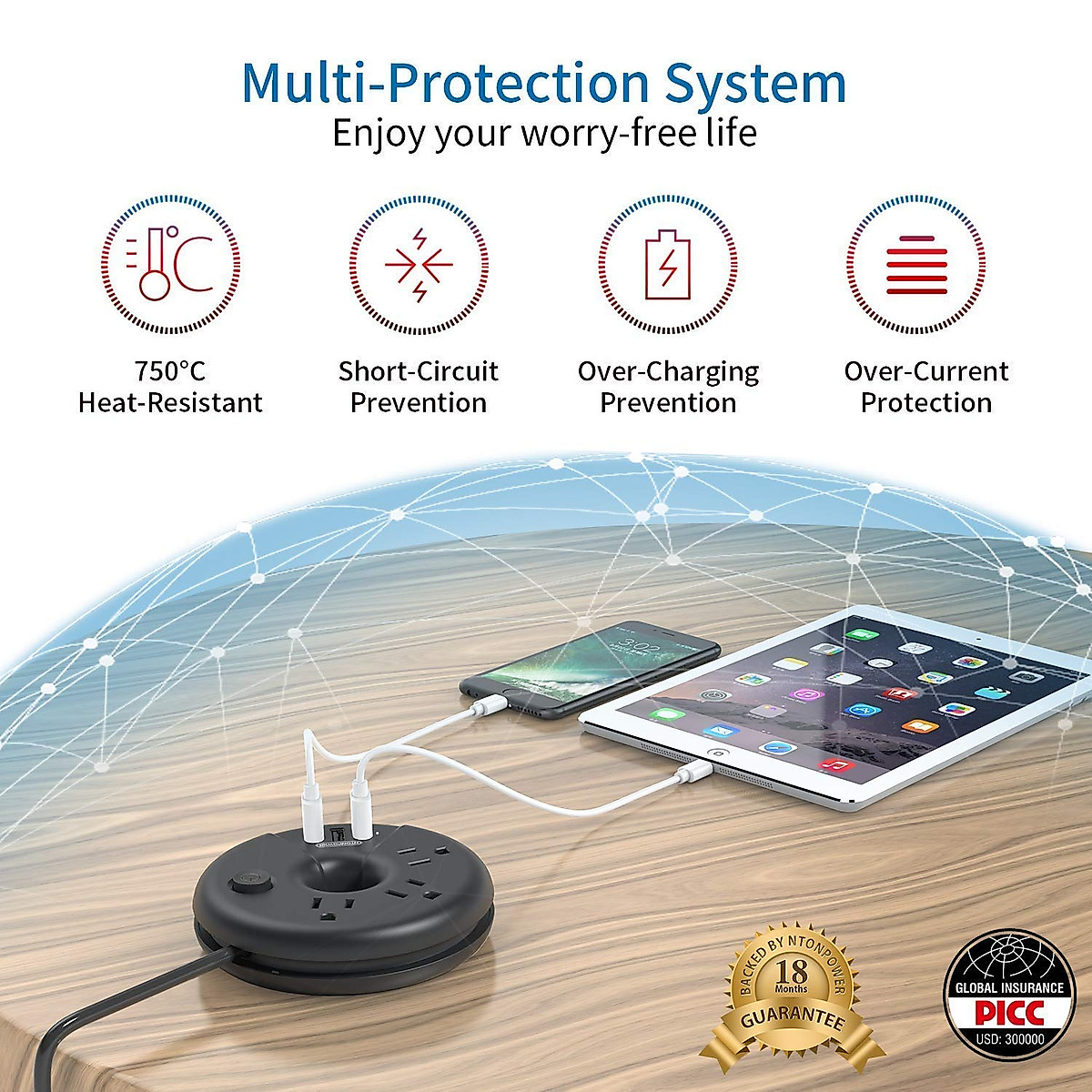 NTONPOWER Travel Power Strip Bundle, 3 Outlets 3 USB Portable Desktop Charging Station with 15 inch Short Cord for Office, Home, Hotels, Cruise Ship, Nightstand