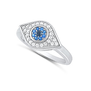 SILVERCLOSEOUT Rhodium Plated Sterling Silver Womens Blue Cz Evil Eye Ring - Size 7