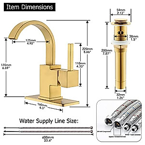 Phiestina Brushed Gold Single Hole Bathroom Faucet, Waterfall Single Handle 1 or 3 Hole RV Bathroom Faucet, Swivel 360 Degree with Deck Plate, Pop Up Drain and Water Supply Line, SGF05-BG-2