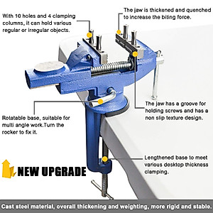 Bench Vise with Clamp Post Universal 3 Inch Bench Clamps 360° Swivel Base Home Vise for Holding Irregular Objects Table Vice with Longer Clamping Distance for Woodworking, Drilling, etc.